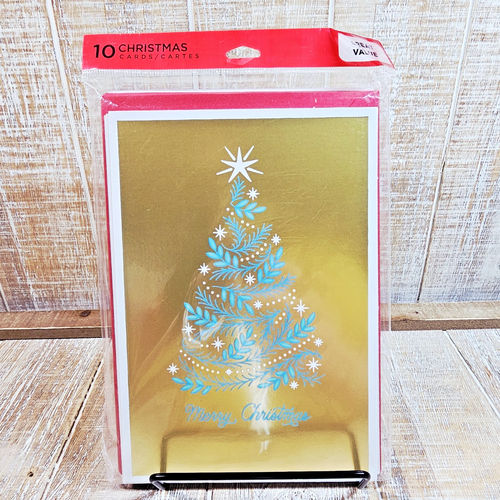 Hallmark Christmas Greeting Card Pack 10 Count 5x7 Gold Blue Tree Happy ...
