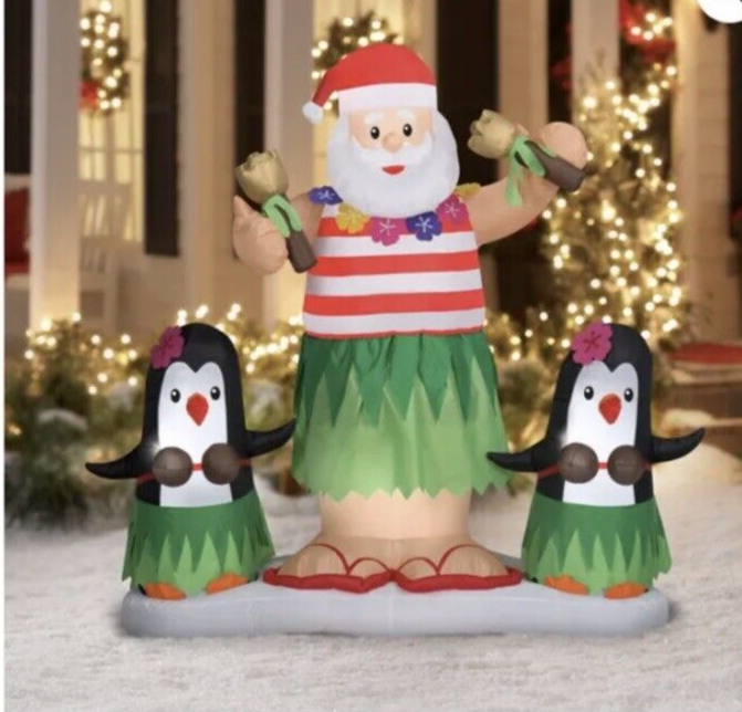 Christmas 6 ft Wide Animated Hula Tropical Santa & Penguins Airblown ...