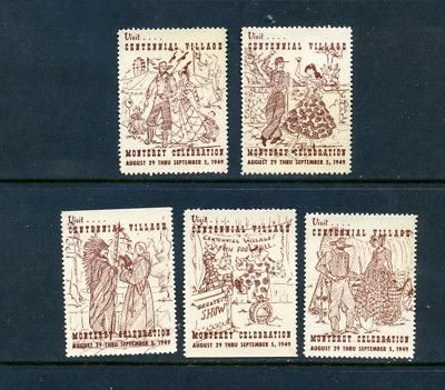 5 VINTAGE 1949 MONTEREY CENTENNIAL VILLAGE POSTER STAMPS (L504) WESTERN ...