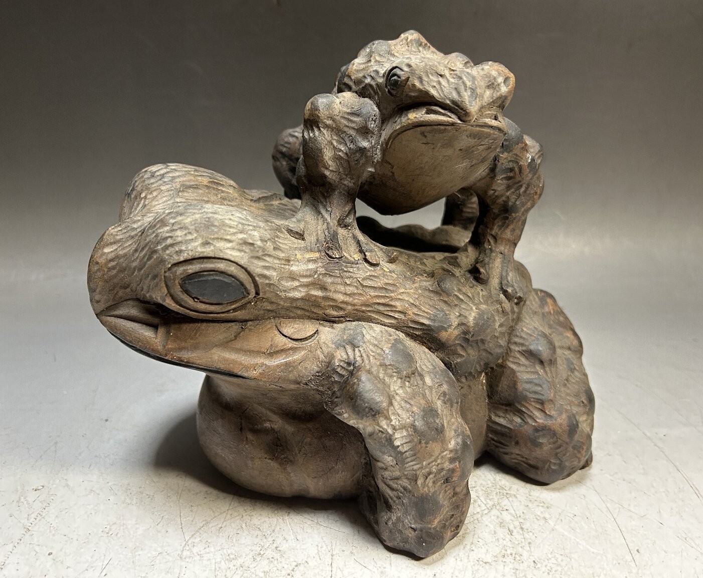 Frog Pair Statue 311 Japanese Carve Wood Mother Toad Baby Kid Sculpture ...