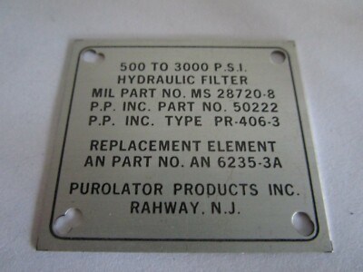 Purolator Products Data ID Nameplate for MS28720-8 Filter Alt. 50222 | eBay