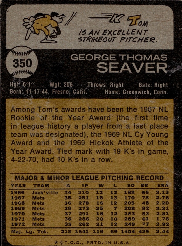 1973 Topps Tom Seaver #350 New York Mets HOF - Free Shipping | eBay
