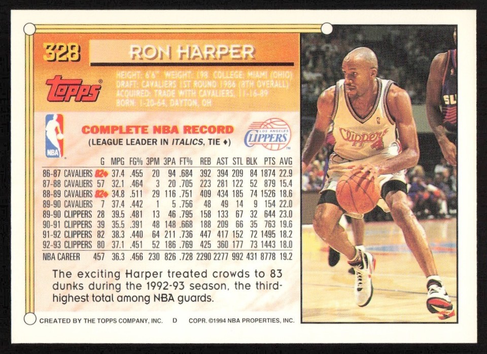1993-94 Topps Gold Ron Harper #328 Los Angeles Clippers | eBay