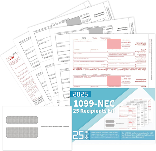 1099 NEC Forms 2025 with Envelopes, 25 Recipients 2025 1099 NEC Tax ...