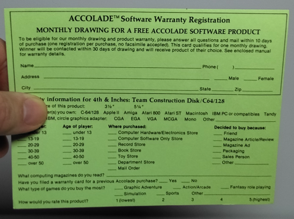 CIB Accolade 4th & Inches Game Team Construction Disk Commodore 64 64c ...