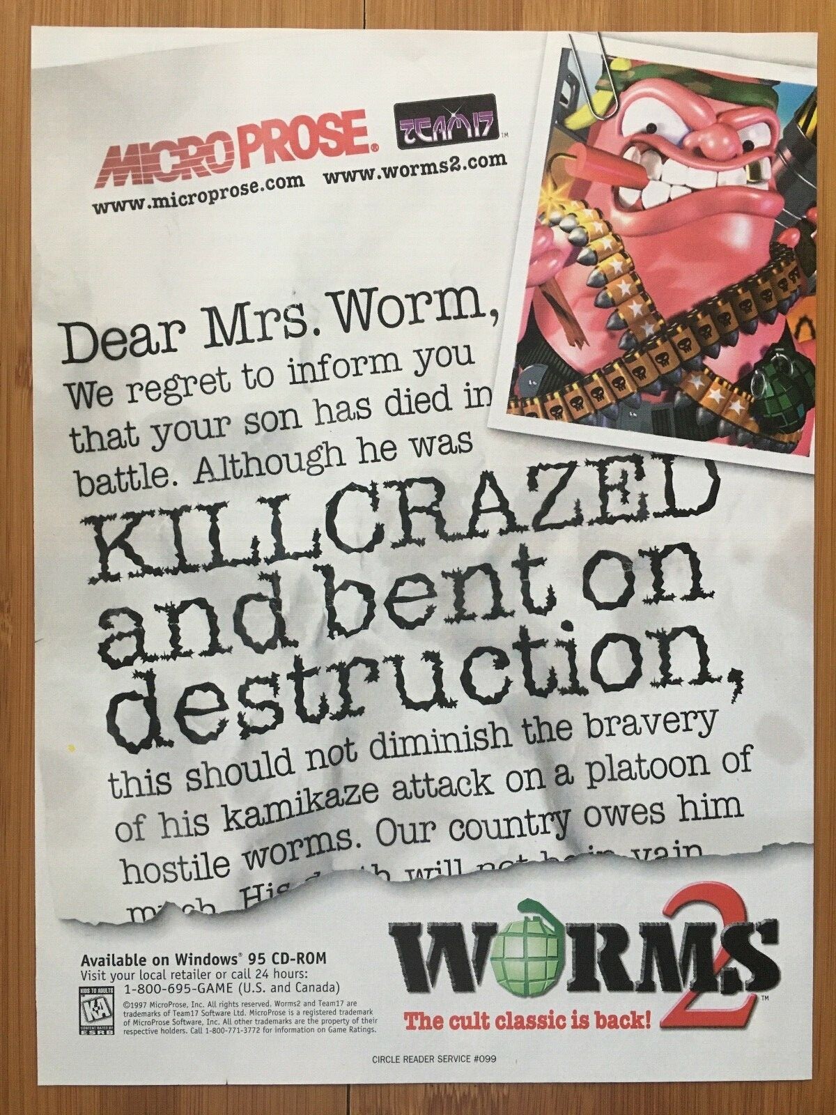 WORMS 2 PC Box 1997 RARE Poster Ad Art TEAM 17 Roping BNG Armageddon 3D ...