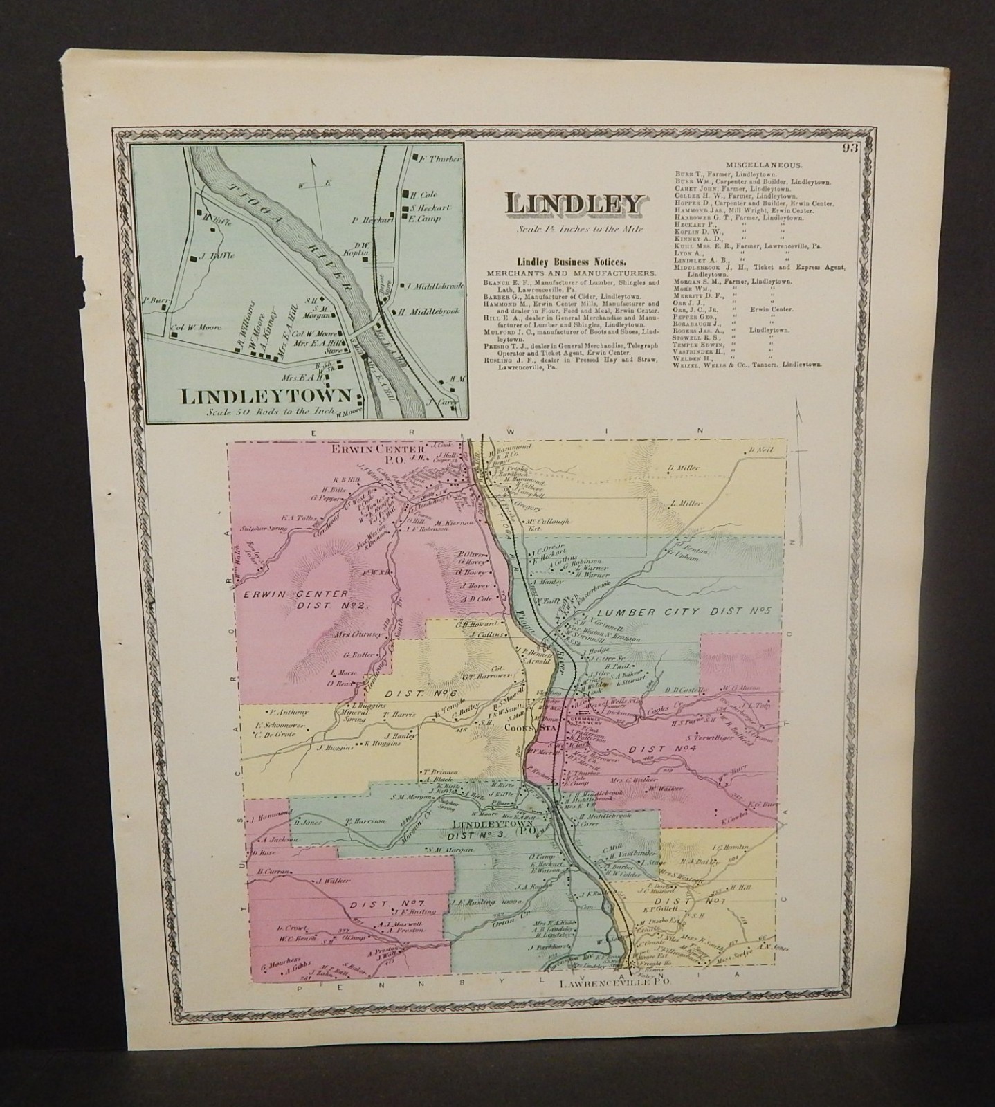 New York Steuben County Map Lindley Township 1873 Y16#57 | eBay