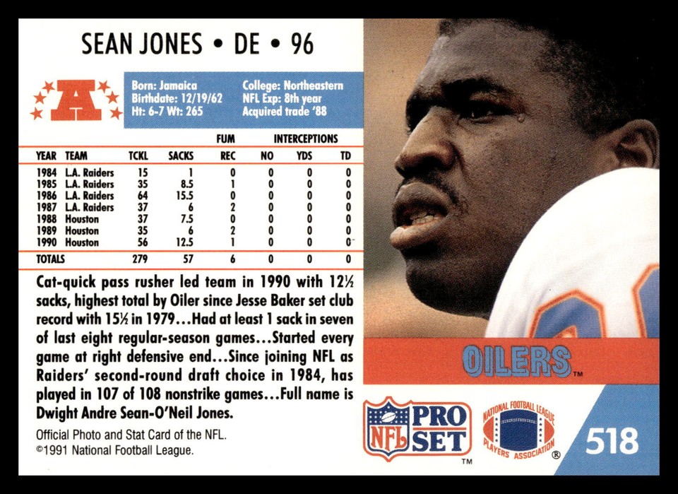 1991 Pro Set #518 Sean Jones Houston Oilers Football NM | eBay