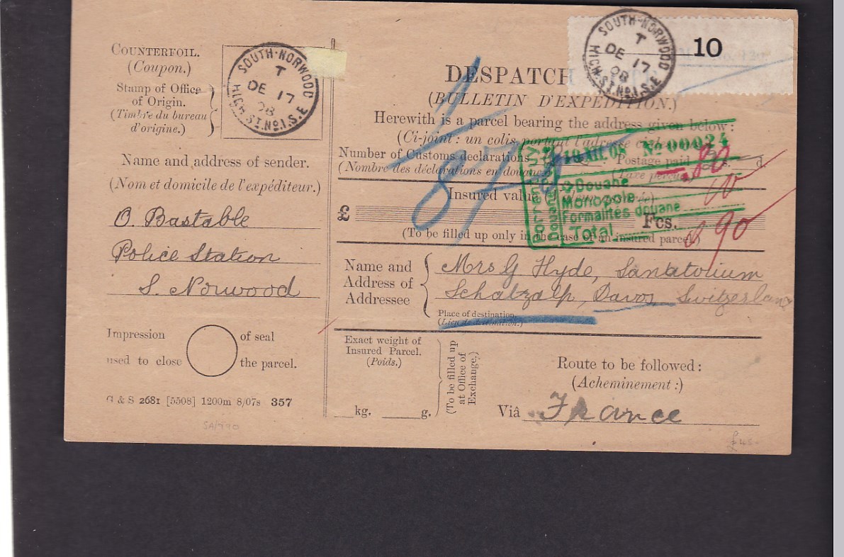 GB 1908 Parcel Despatch Note Registeration 10 Norwood London to ...