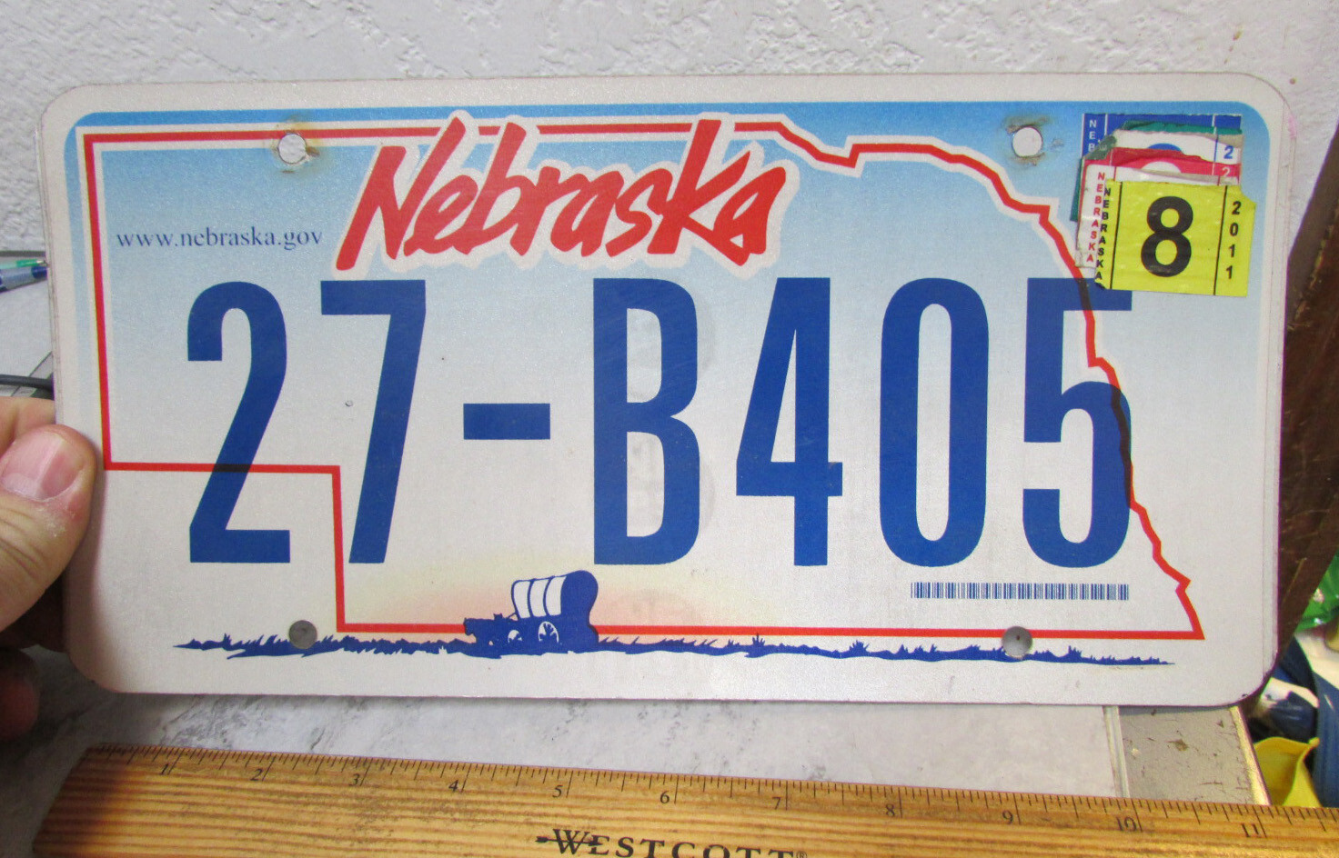 Nebraska Metal License Plate, State outline - covered wagon, 27-B405 ...