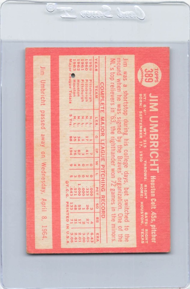 1964 Topps #389 Jim Umbright Colts Poor *DA-C4140 | eBay