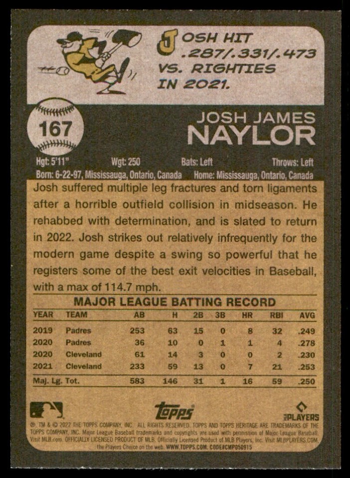 2022 Topps Heritage Josh Naylor Cleveland Guardians #167 | eBay