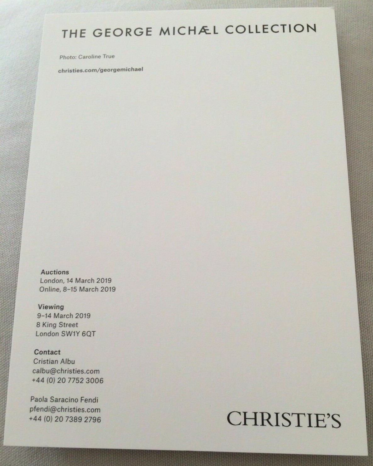 GEORGE MICHAEL COLLECTION LIMITED DELETED CHRISTIE'S A5 ART CARD ...