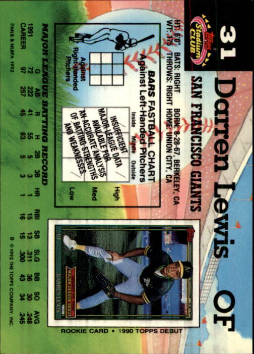 1992 Stadium Club San Francisco Giants Baseball Card #31 Darren Lewis ...