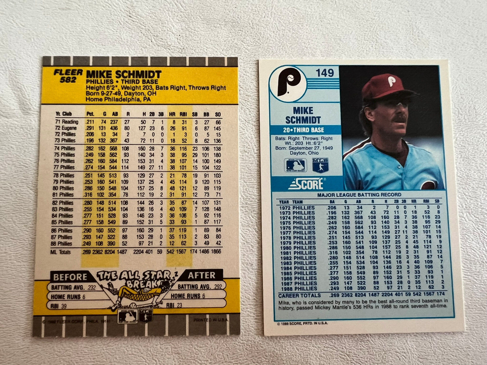 (2) 1989 MIKE SCHMIDT CARDS-SCORE #149- FLEER #582 BASEBALL | eBay