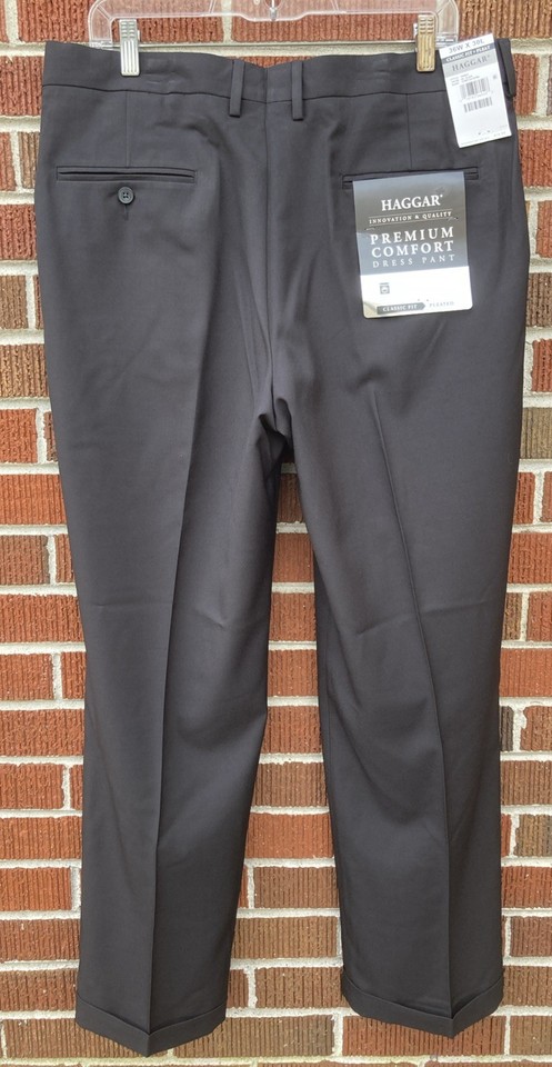 NWT HAGGAR MEN'S PREMIUM COMFORT CLASSIC FIT PLEATED DRESS PANTS BLACK ...