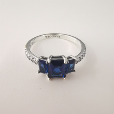 Three Stone Sparkling Ring PANDORA Blue Rectangular | eBay UK