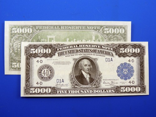 Reproduction $5,000 1918 Federal Reserve Note US Paper Money Currency ...