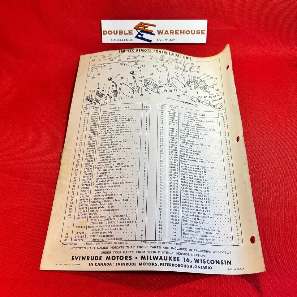 1960 Evinrude Parts List Simplex Remote Control Single Dual Type 278084 ...