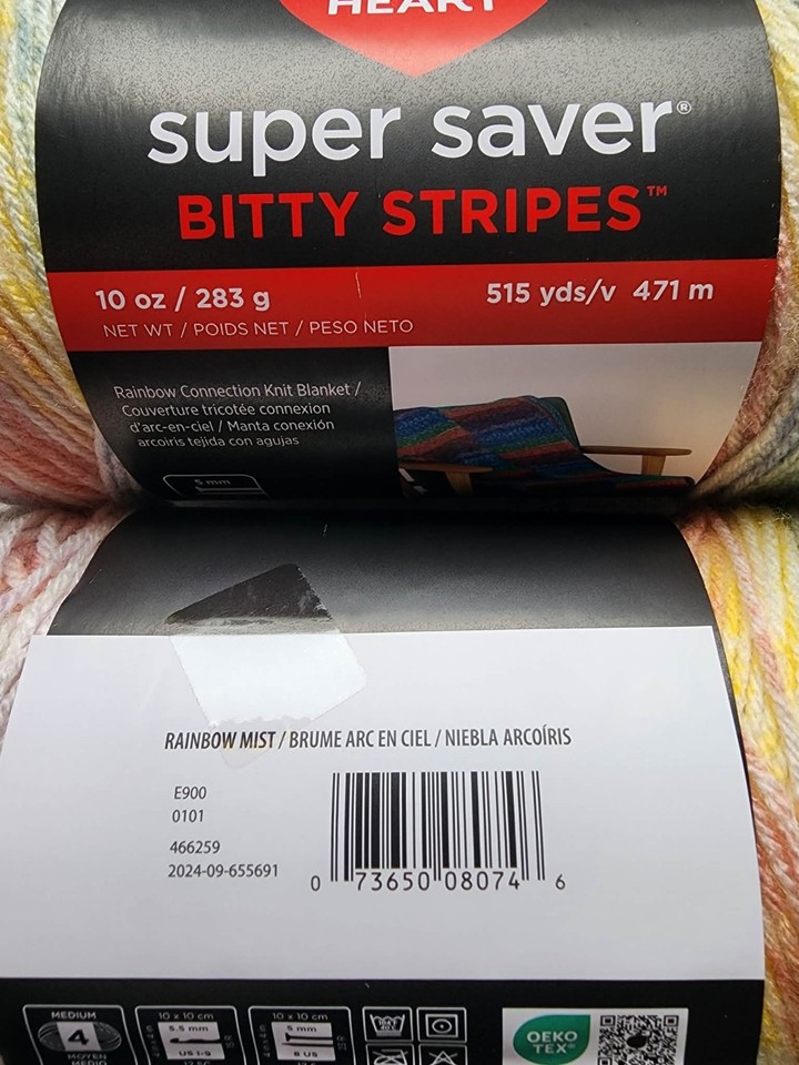 4 X Yarnspirations Red Heart Super Saver Bitty Stripes “Rainbow Mist ...