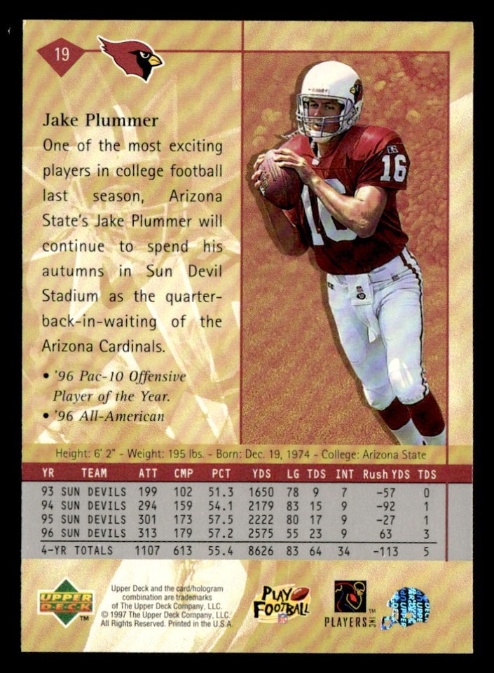 Jake Plummer 1997 Upper Deck Rookie Card #19 Arizona Cardinals | eBay