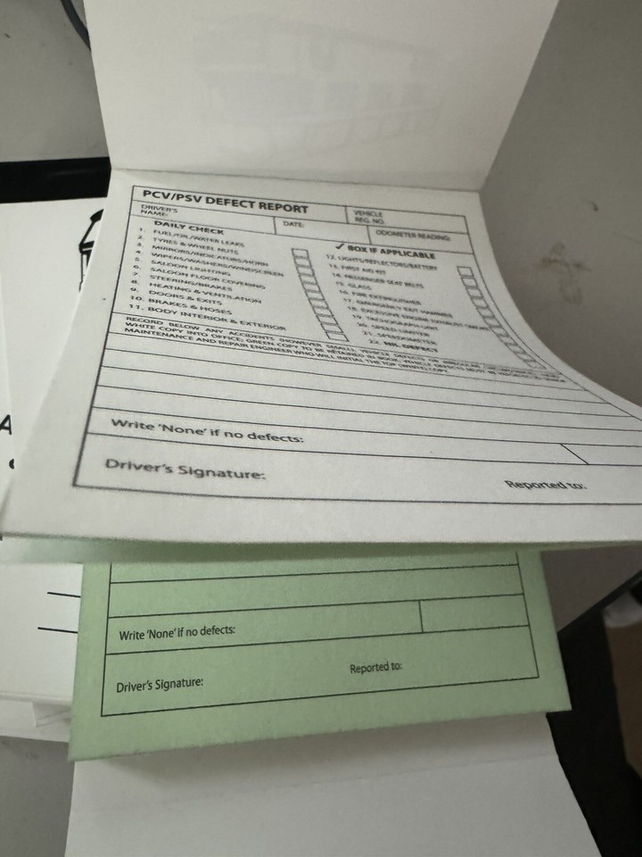10 X 100 PAGE DUPLICATE VEHICLE DAILY CHECK & DEFECT BOOKS PCV PSV HGV ...