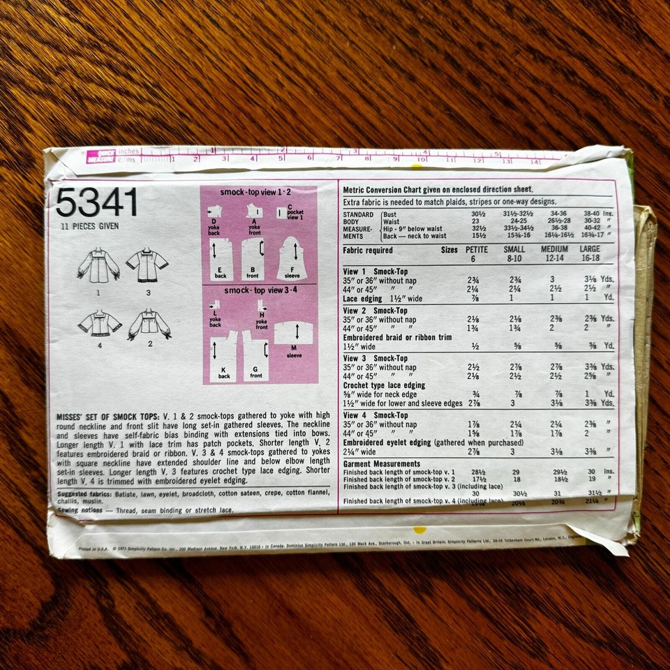 Vintage 1970s Simplicity 5341 Sewing Pattern Womens Sz XS Smocked Tops ...