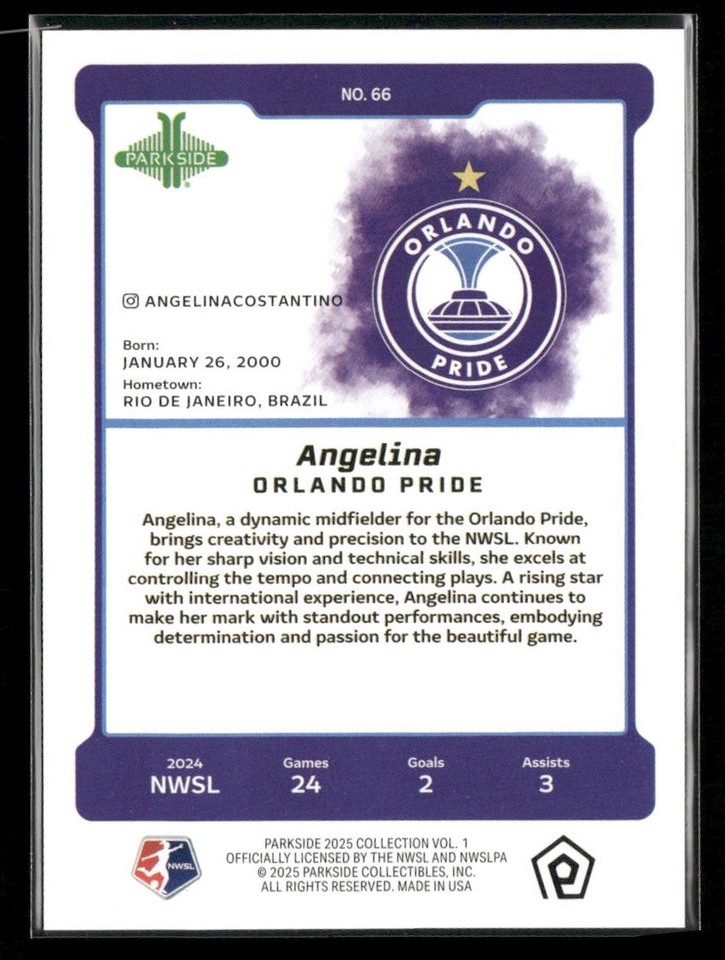 2025 Parkside NWSL Collection #66 Angelina Foil Orlando Pride | eBay