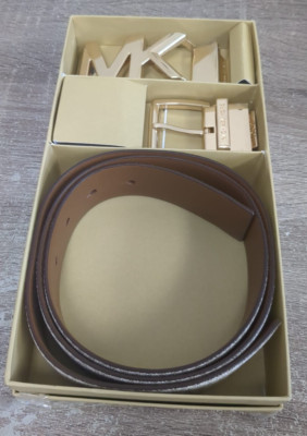 Michael Kors Belt Box MK Signature Leather White/Brown 2 Gold Buckles ...
