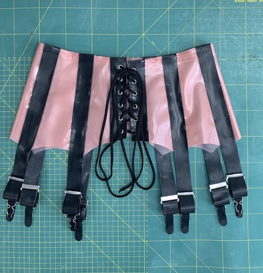 UK 10 Trans Pink/Black 8 Strap Suspender Belt Latex Rubber Fetish Wear ...