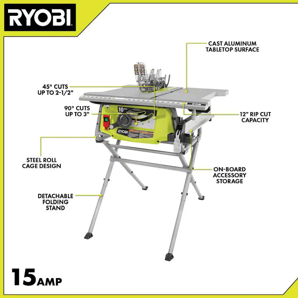 RYOBI 15 Amp 10 in. Table Saw with Folding Stand Power Saws | eBay
