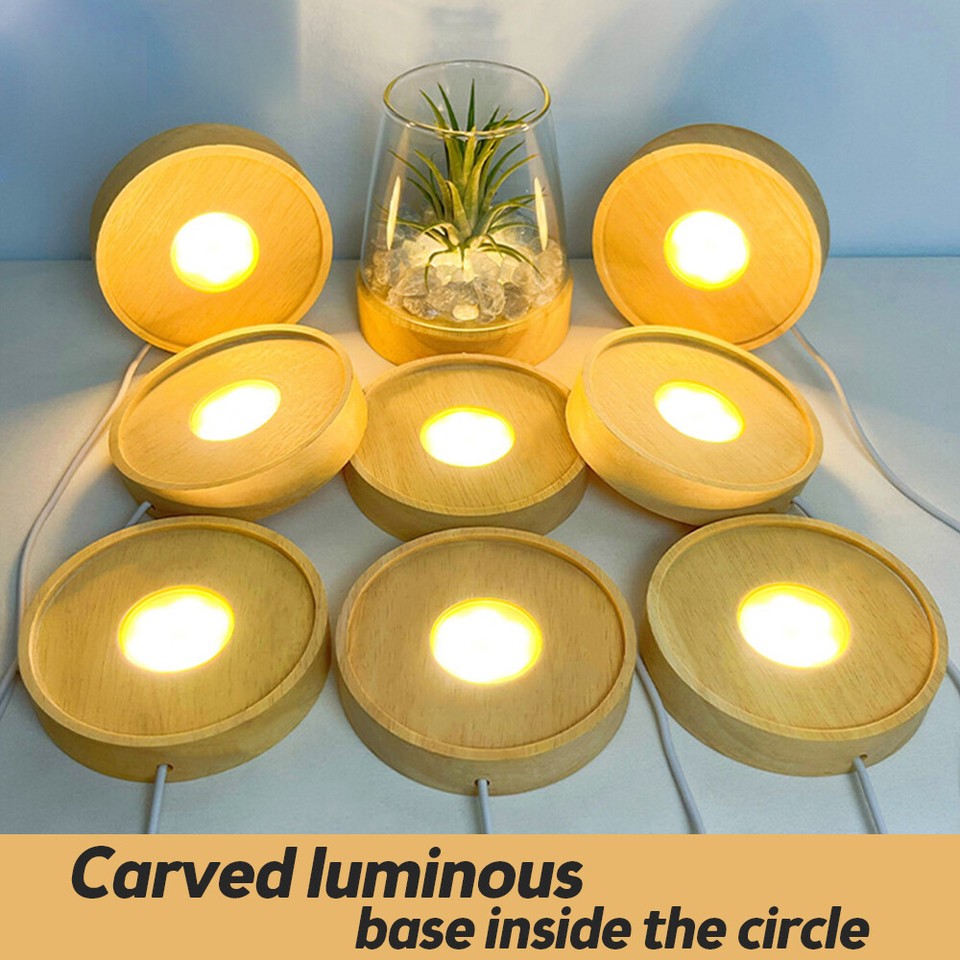 6 LED Wood Display Base for Crystals Glass Art Warm Light Crystal ...