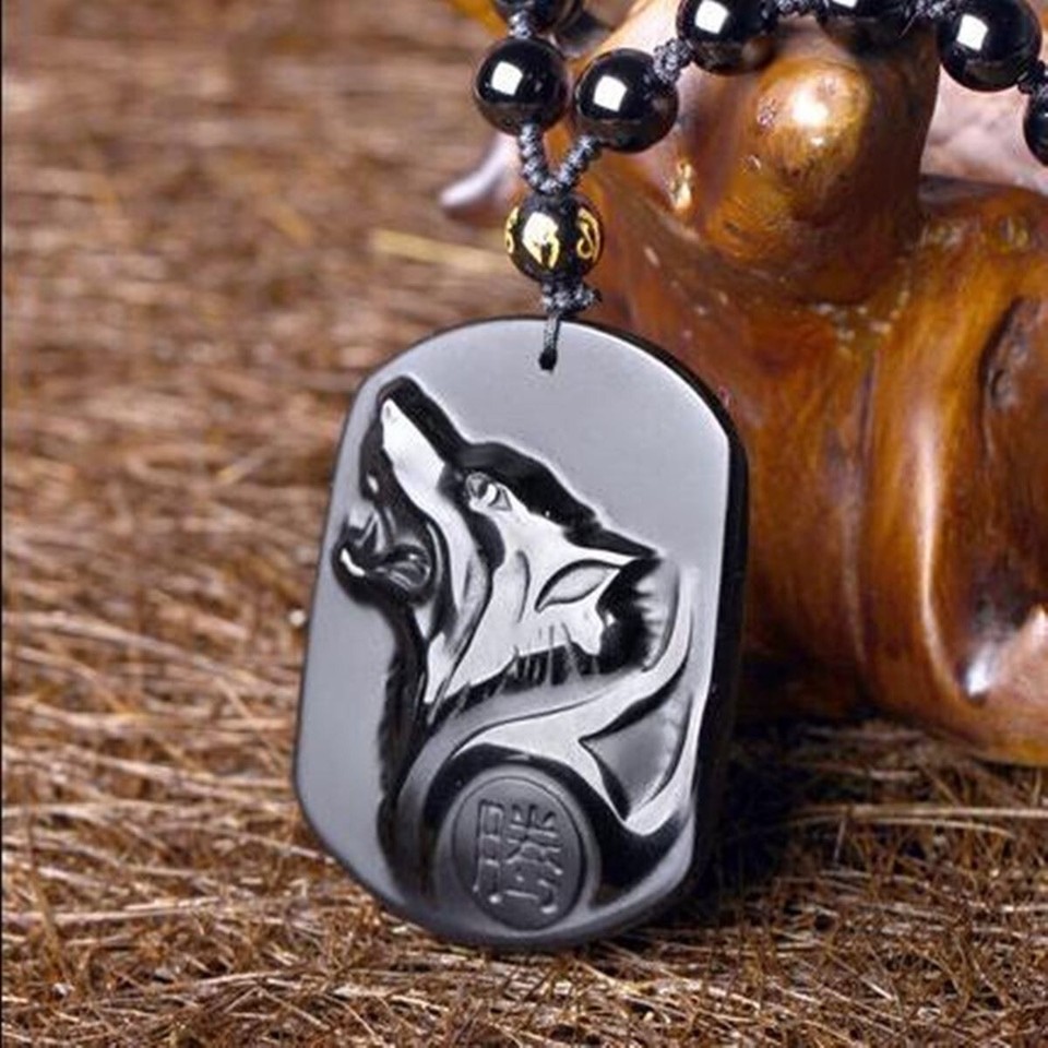 Natural Black Obsidian Carving Wolf Head Amulet Pendant Necklace Lucky ...