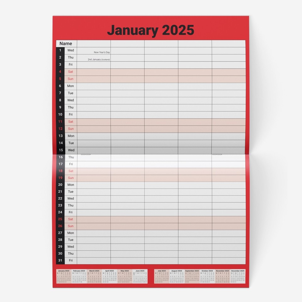 2025 Calendar 5 Columns Wall Monthly Planner Staff Rota Family ...