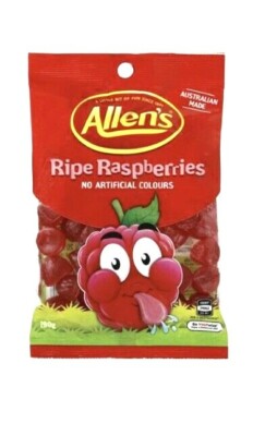 12 x 190g ALLENS RIPE RASPBERRIES BULK LOLLIES JELLY RED RASPBERRY HANG ...
