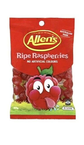 12 x 190g ALLENS RIPE RASPBERRIES BULK LOLLIES JELLY RED RASPBERRY HANG ...