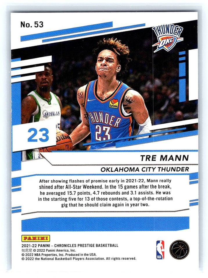 TRE MANN 2021-22 Panini Chronicles #53 Prestige ROOKIE CARD OKC Thunder ...