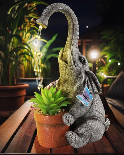 Solar Powered Resin Elephant Garden Statue with Water Fountain Light ...