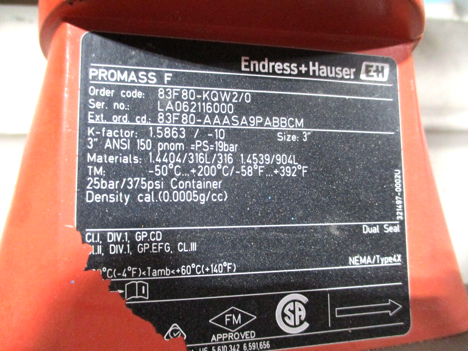 ENDRESS HAUSER , 3" 150 SST PROMASS F , 83F80 , DISPLAY DARK-STILL READ ...