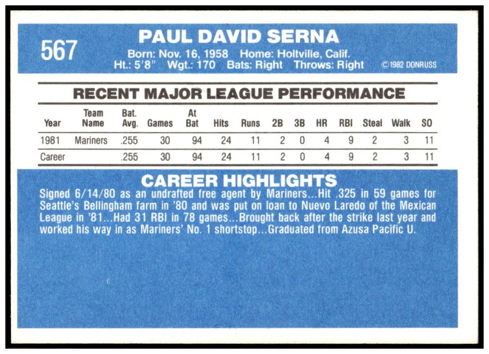 1982 Donruss #567 Paul Serna EX-NM | eBay