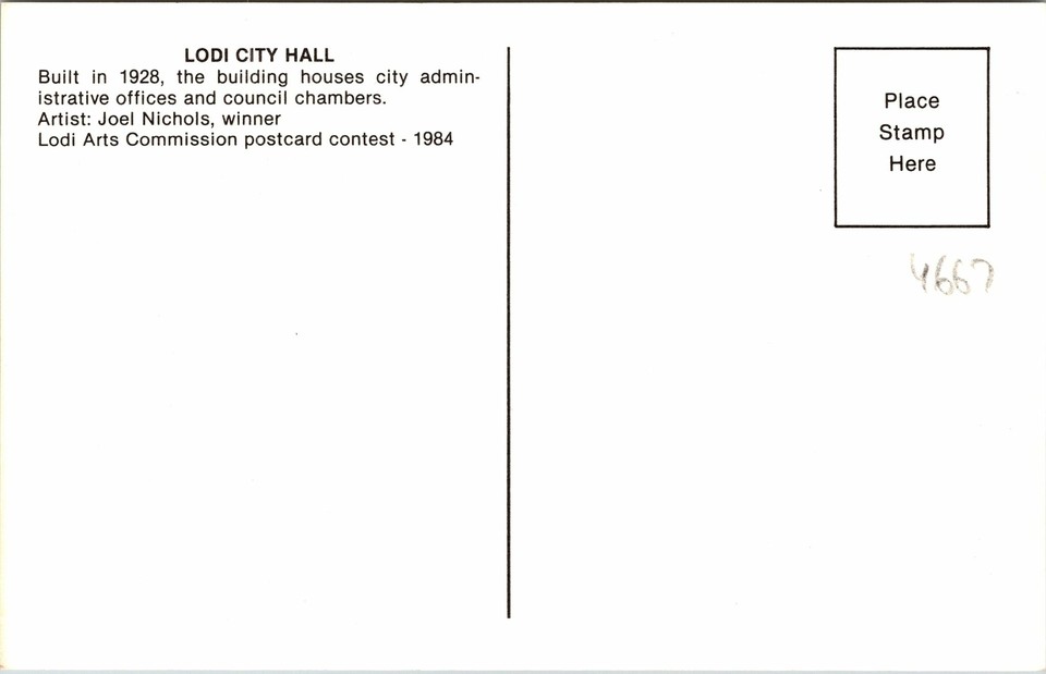 Lodi CA City Hall by Joel Nichols Postcard unused 1984 | eBay