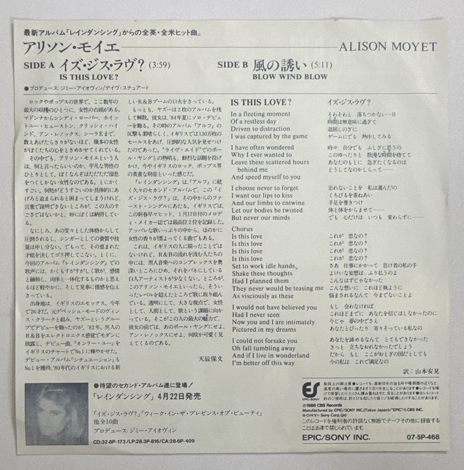 Alison Moyet ~ Is This Love ~ Japanese Issue 7" Vinyl Single VG+ / EX ...