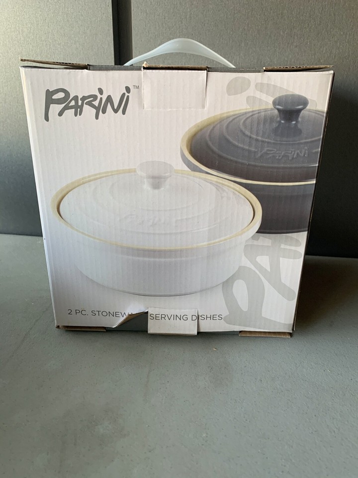 BRAND NEW PARINI 2 PC STONEWARE SERVING DISHES, WHITE AND GRAY, WITH ...