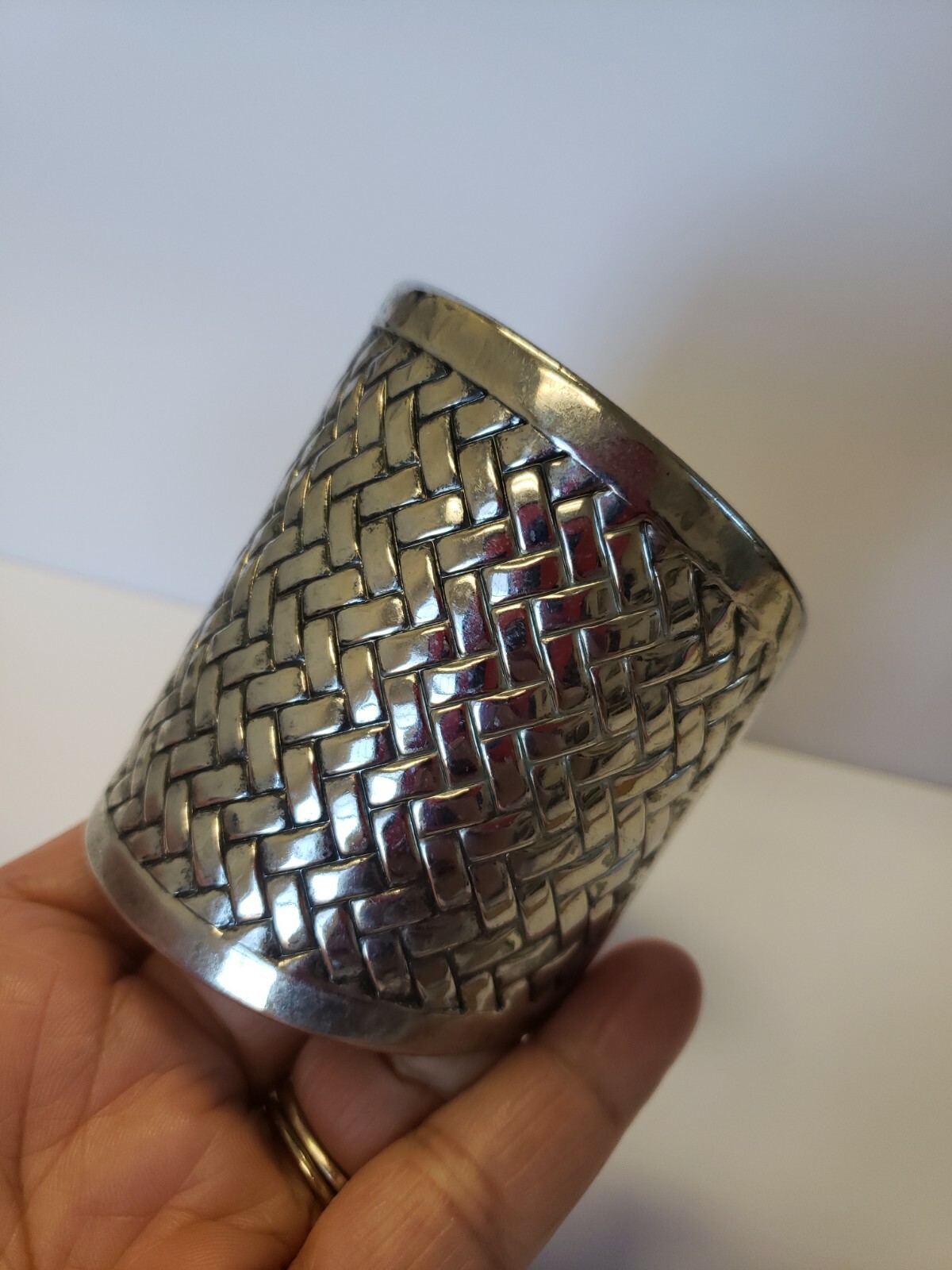 Large Woven Texture Silver tone Cuff Bracelet 1970s v… - Gem