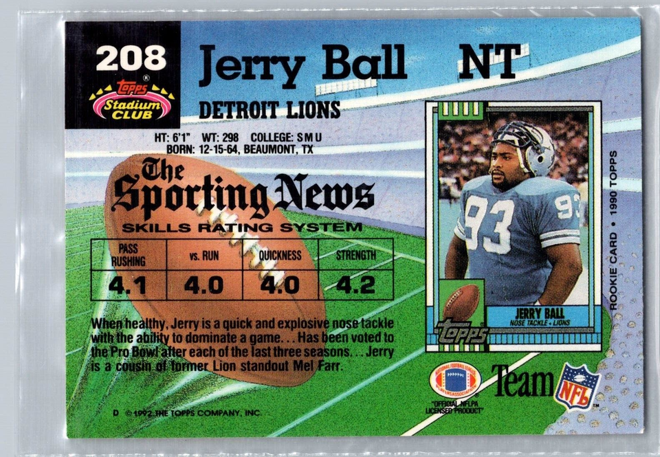 1992 TOPPS STADIUM CLUB CARD # 208 Jerry Ball - Detroit Lions | eBay