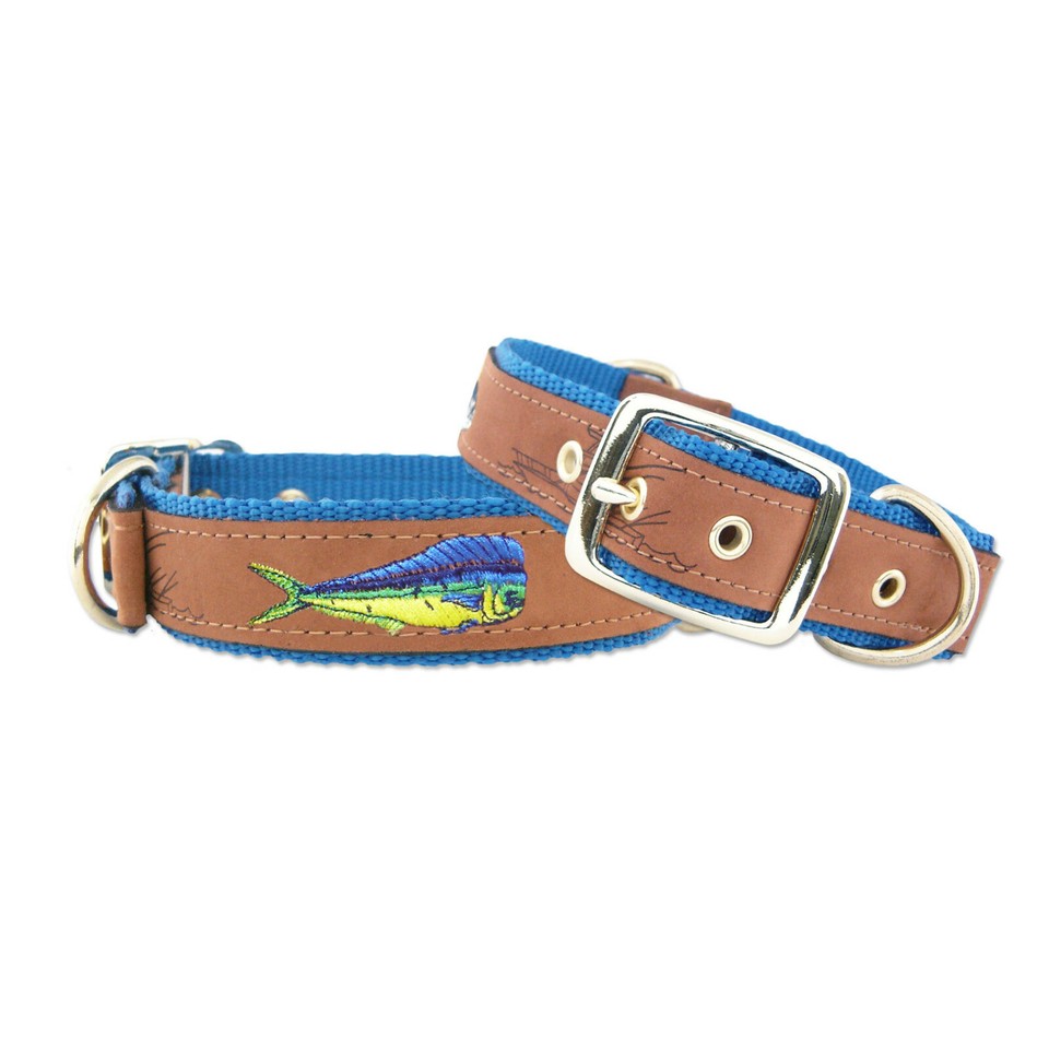 ZEP PRO Adjustable Leather Embroidered DOG COLLAR Dolphin Mahi Marlin ...