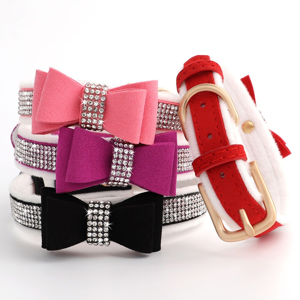 Bling Rhinestone Dog Cat Collar Suede Fleece Padded with Bow Tie ...