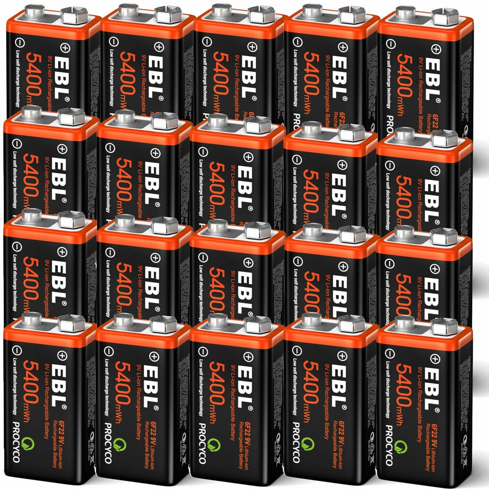 Lot EBL USB Rechargeable 9V Lithium LI-ion Battery Batteries 5400mWh 9 ...