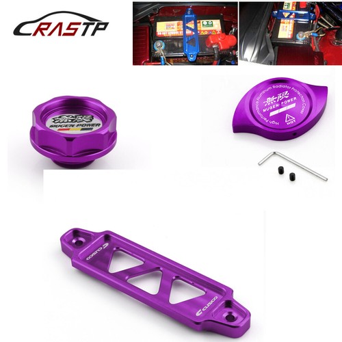 Purple Billet Engine Oil Filler Cap + Radiator Cap + Battery Tie Down ...