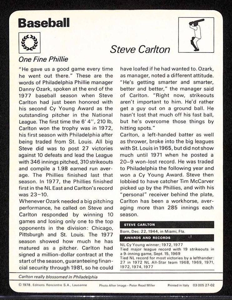 1977 Sportscaster #2702 Steve Carlton HOF Series 27 NM+ D82404 | eBay